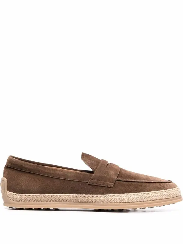 TOD'S Woven Trim Penny Loafers - Brown