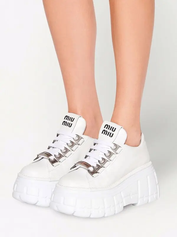 Miu Miu Low-Top Leather Platform Sneakers - White | Editorialist