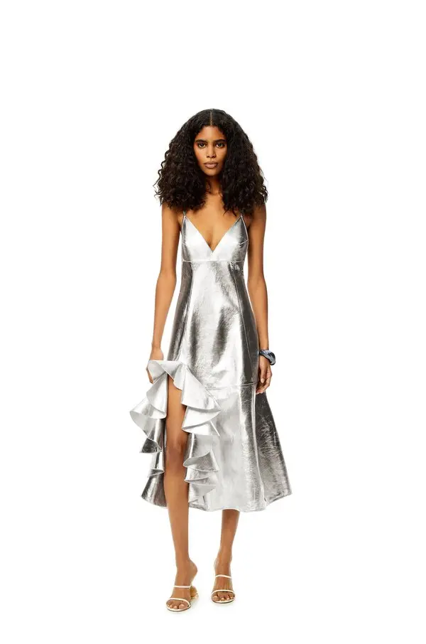 loewe silver dress Loewe Luxury Ruffle Dress In Nappa - Silver