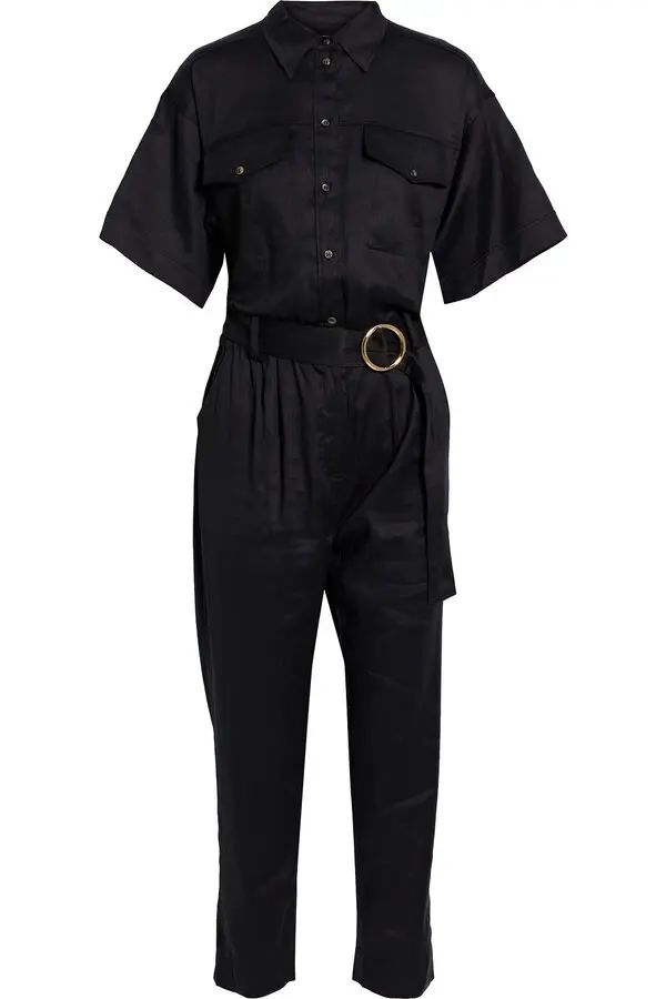 FRAME Cropped Belted Twill Jumpsuit - Black