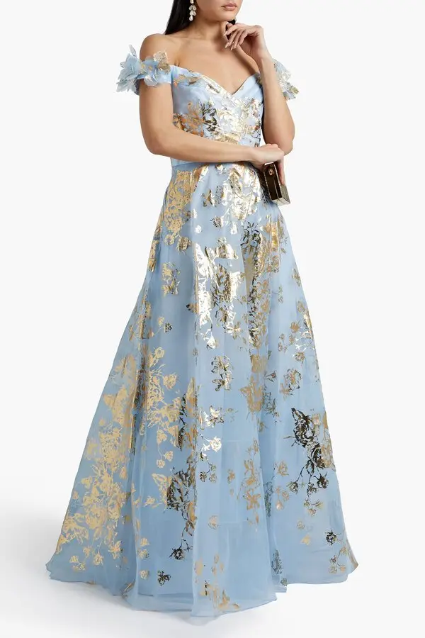 Buy Marchesa Floral-appliqud Metallic Floral-print Taffeta Gown - Light  Blue At 44% Off | Editorialist