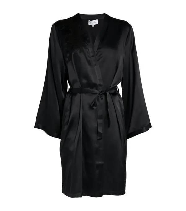 MARJOLAINE Silk Lace-trim Robe - Black
