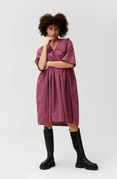 knee length dresses for ladies Seersucker Check Gathered U-Neck Midi Dress in Lagoon