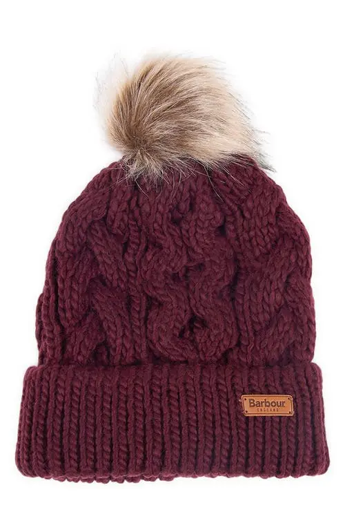 Barbour Penshaw Cable Beanie With Faux Fur Pompom - Bordeaux