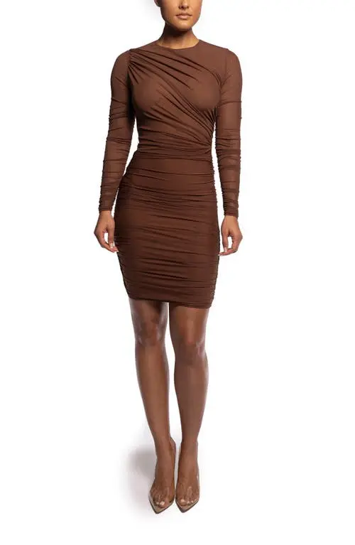 JLUXLABEL Mesh Ruched Long Sleeve Body-con Minidress - Chocolate