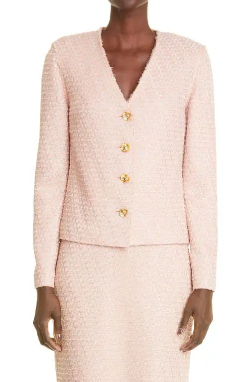 St. John Raw Edge Sequin Tweed Knit Jacket - Peach Multi