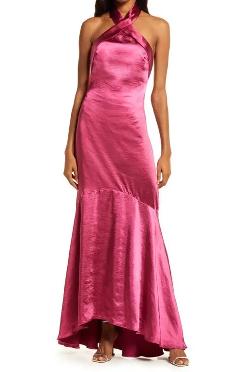 Elliatt Angie Satin Halter Gown In Berry - 70% Off | Editorialist
