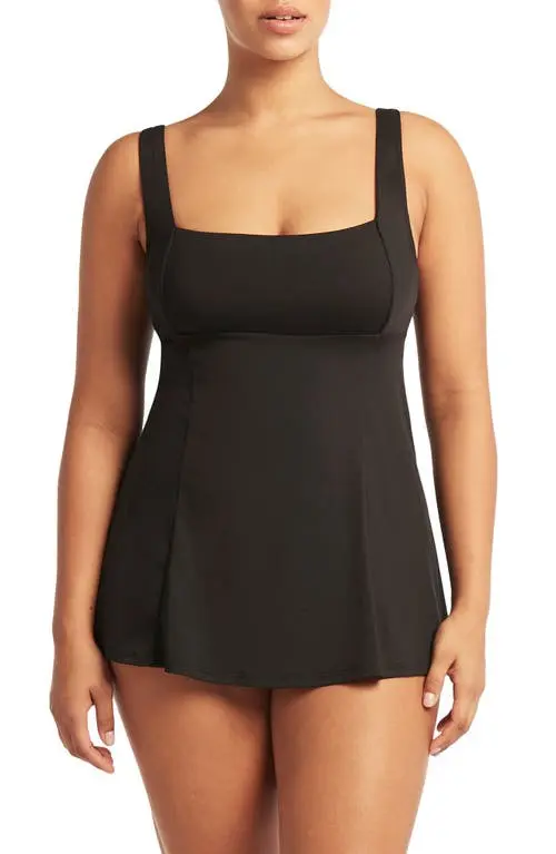 SEA LEVEL Square Neck One-piece Swimsuit Dress - Black