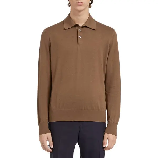 Zegna Long Sleeve Cotton & Cashmere Polo - Brown