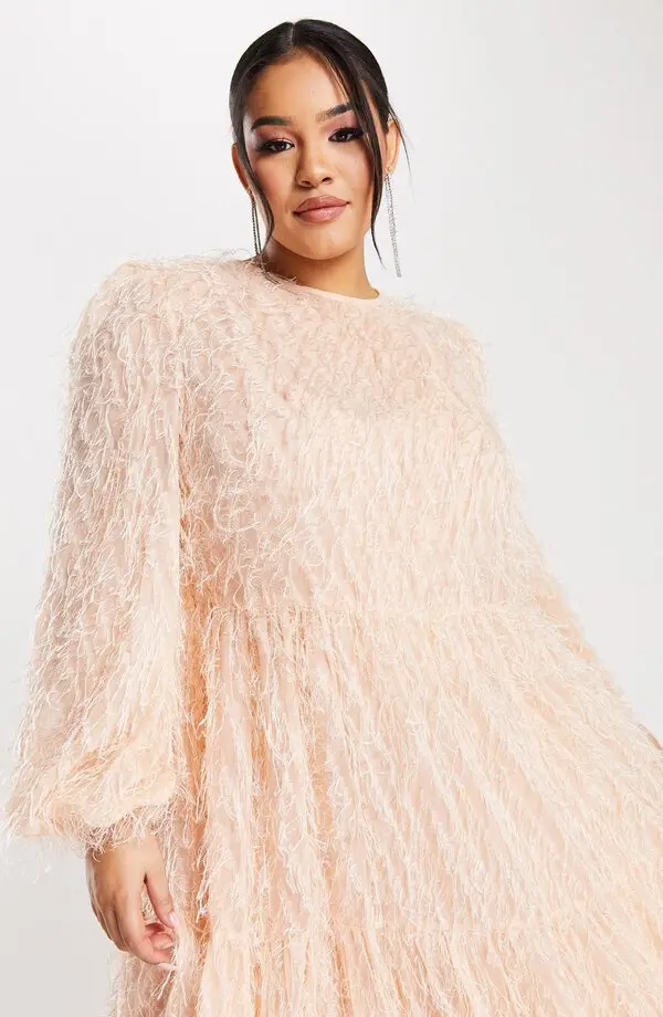 Asos Curve Tiered Fringe Long Sleeve Midi Dress In Light Pink - 60% Off |  Editorialist