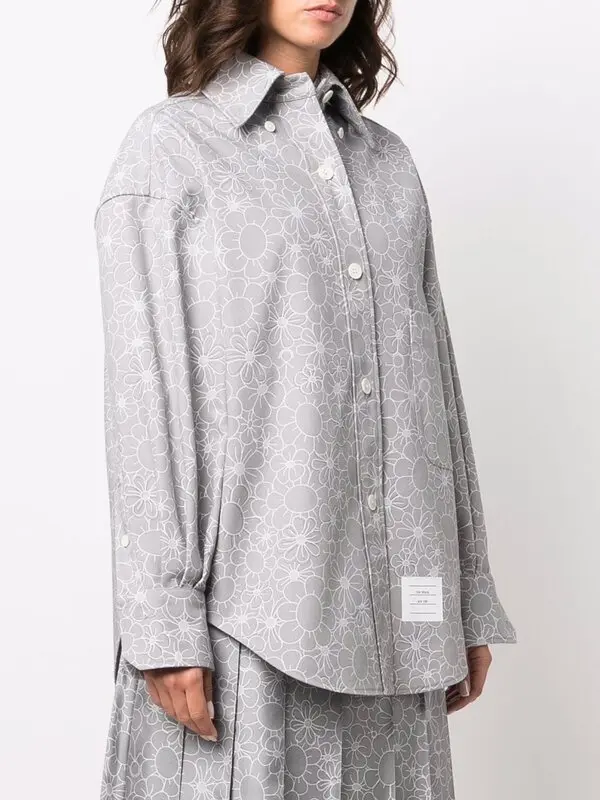 Thom Browne Floral Print Oversized Cotton Shirt - Grey