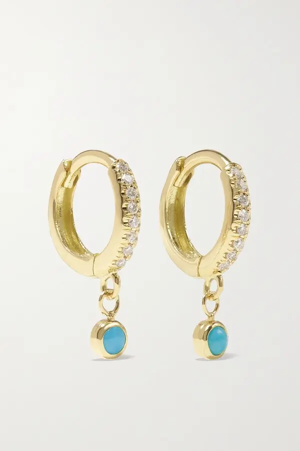 JENNIFER MEYER 18-karat Diamond And Turquoise Hoop Earrings - Gold