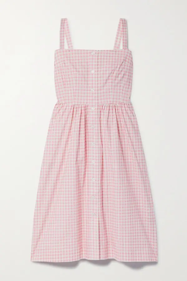Hvn Laura Gathered Gingham Cotton-Blend Poplin Midi Dress In Pink - 50% Off  | Editorialist