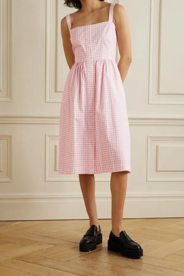 Hvn Laura Gathered Gingham Cotton-Blend Poplin Midi Dress In Pink - 50% Off  | Editorialist