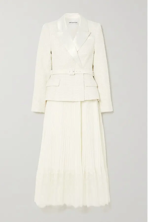 self portrait cream lace trim pleated midi dress self-portrait - Pleated Crochet Floral Maxi Dress