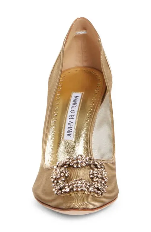 Manolo Blahnik Hangisi Crystal Buckle Mesh Pointed Toe Pump