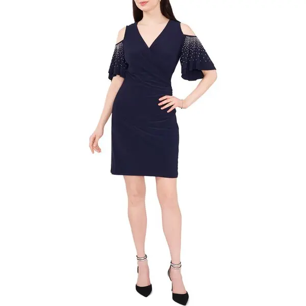 Chaus Cold Shoulder Wrap Front Dress - Navy