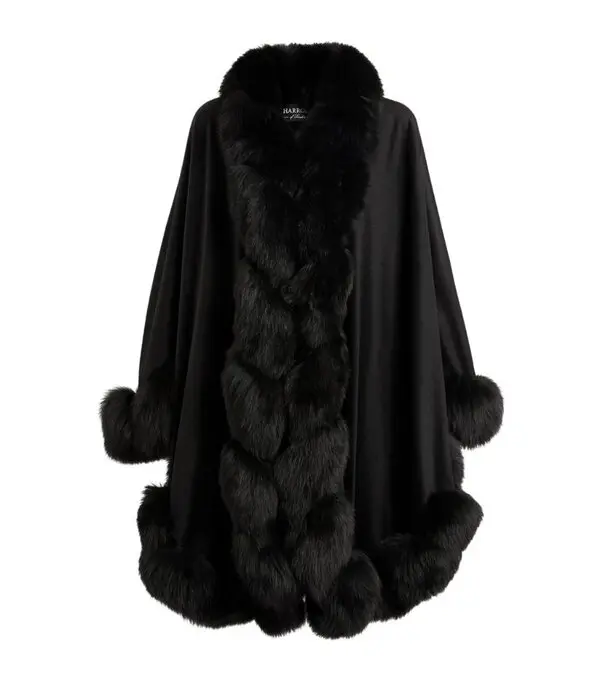 Harrods Cashmere Fox Fur-Trim Cape - Black | Editorialist