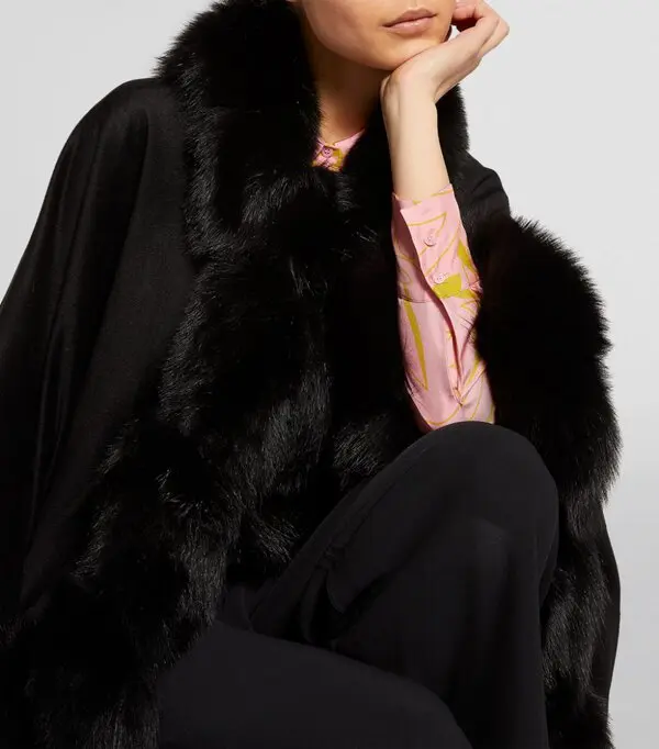Harrods Cashmere Fox Fur-Trim Cape - Black | Editorialist