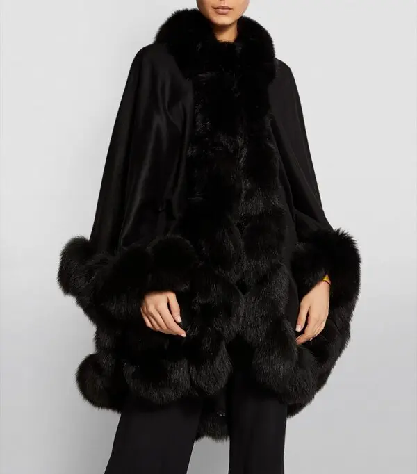 Harrods Cashmere Fox Fur-Trim Cape - Black | Editorialist