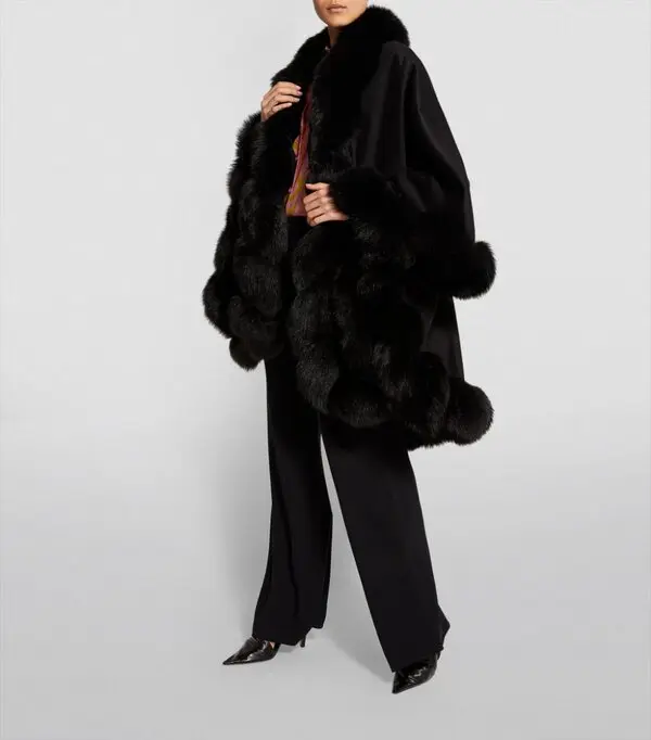 Harrods Cashmere Fox Fur-Trim Cape - Black | Editorialist