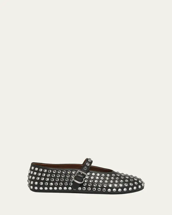 Alaïa Leather Mary Jane Flats With Studs - Noir