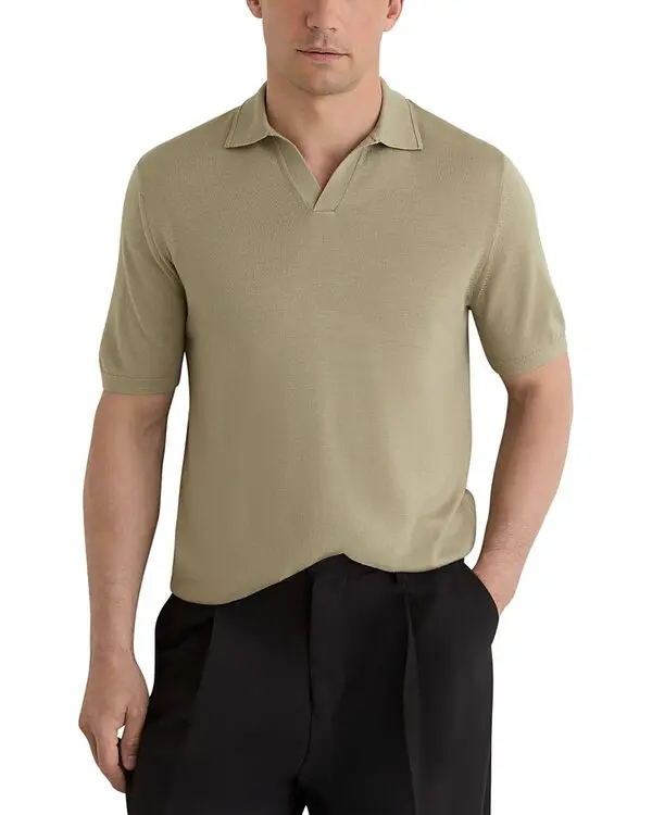 REISS Duchie Short Sleeve Open Collar Merino Polo Shirt - Soft Olive