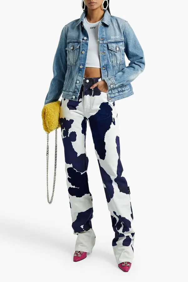 Off-White Faded Embroidered Printed Denim Jacket Blue