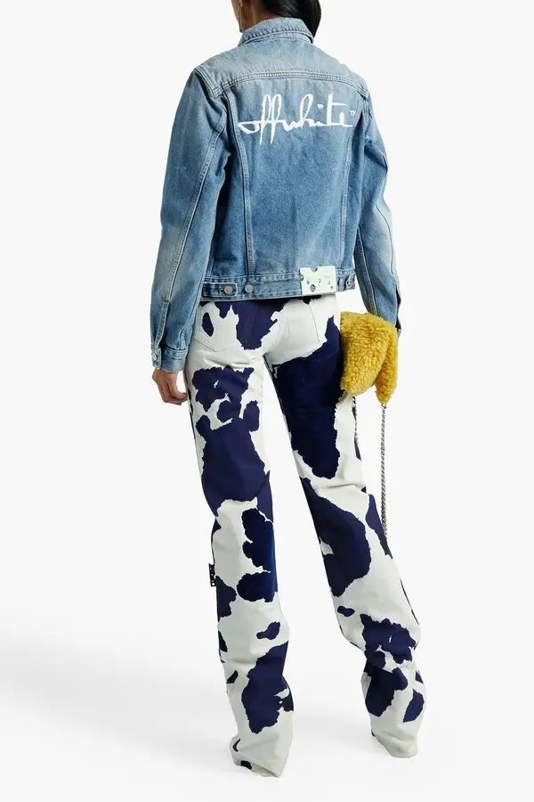 Off-White Faded Embroidered Printed Denim Jacket Blue