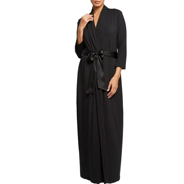 Fleur't Satin Tie Stretch Knit Robe - Black