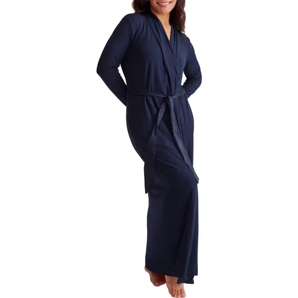 Fleur't Satin Tie Stretch Knit Robe - Ink