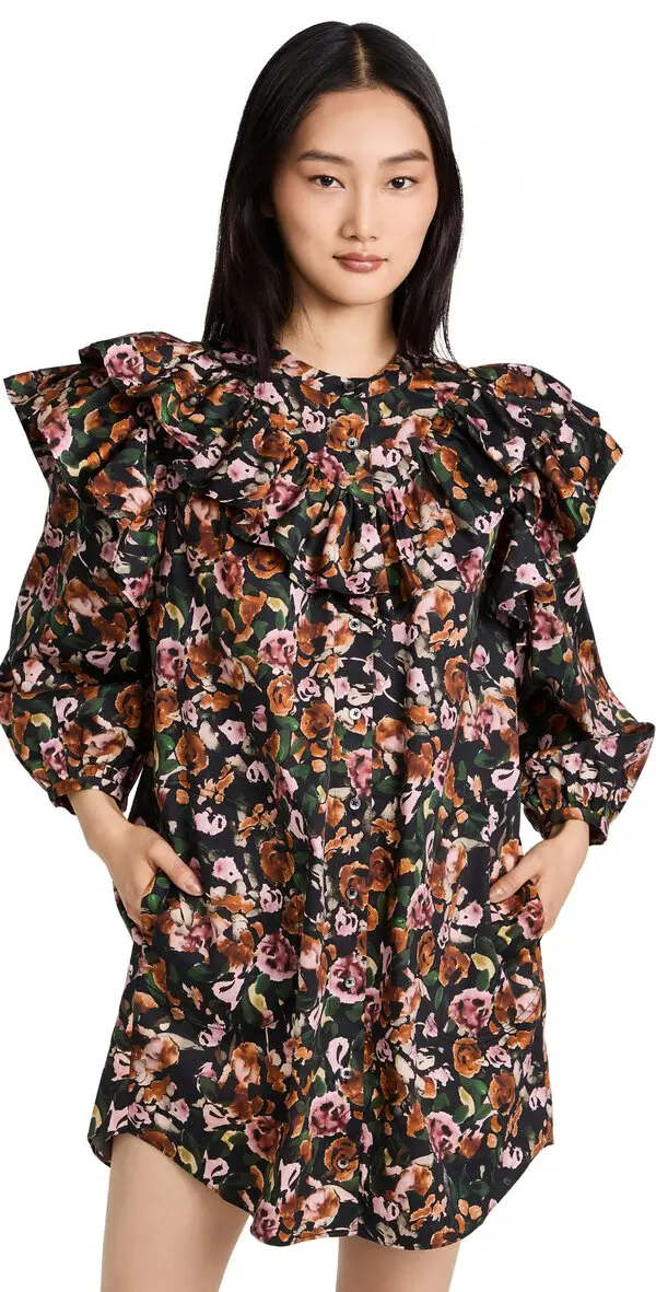 Something Navy Floral Ruffle Button Up Dress