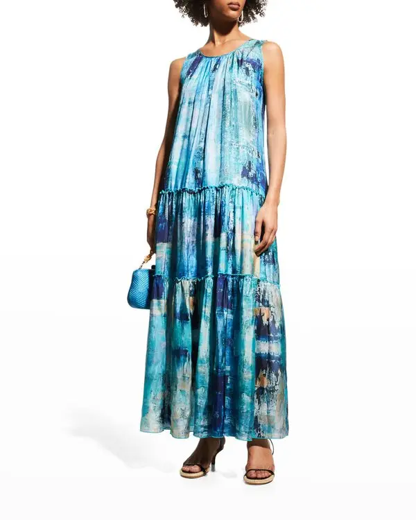 Johnny Was Mint Tiered Silk Maxi Dress In Multi 51% Off