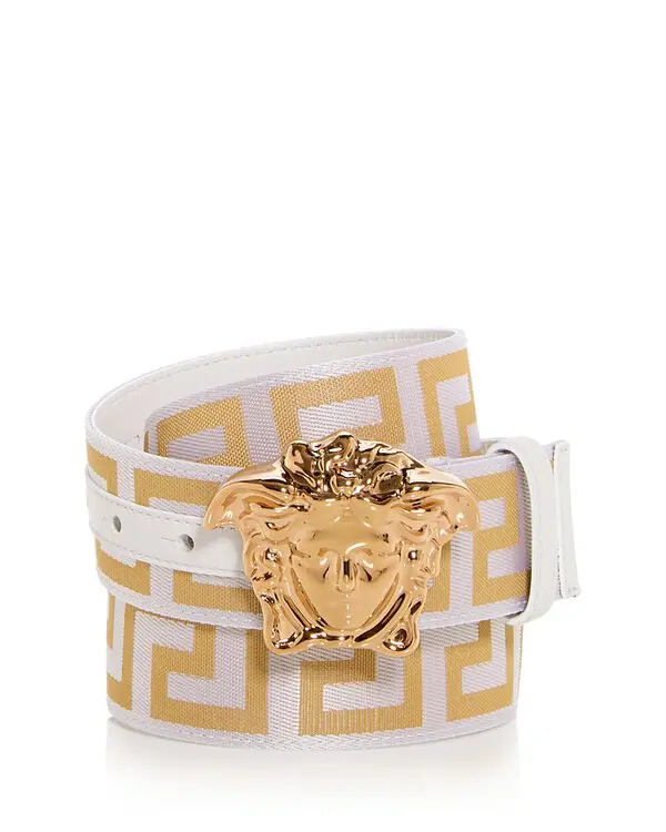 Versace Medusa Buckle Woven Belt In White+Gold 40% Off