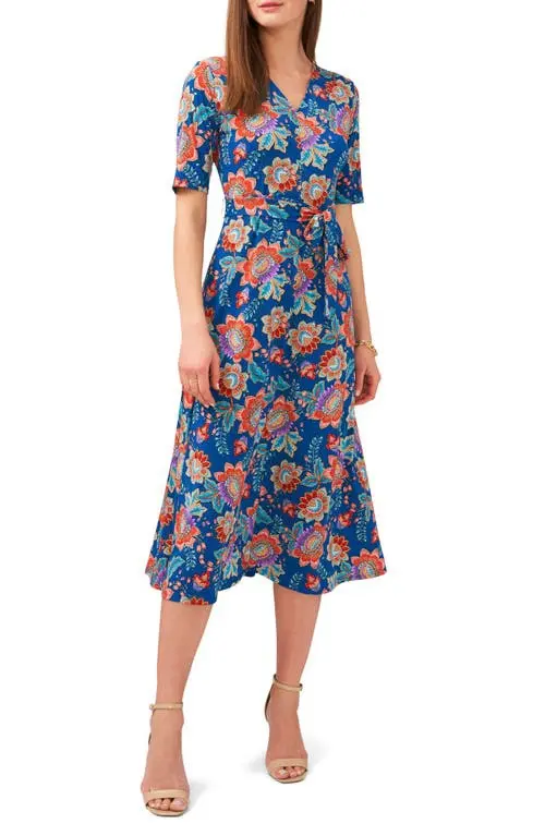 Chaus V-neck Tie Waist Midi Dress - Teal/red/multi