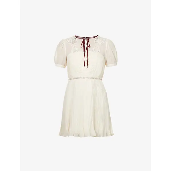 Self-Portrait Belt-Detail Macram-Trim Chiffon Mini Dress - Ivory |  Editorialist