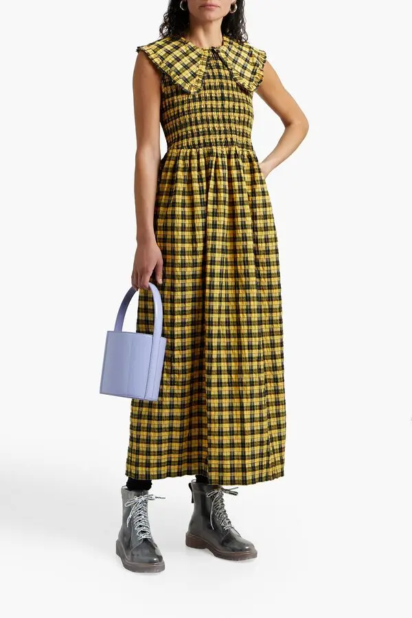 GANNI Checked Cotton-blend Shirred Midi Dress With Ruffled Trims - Yellow