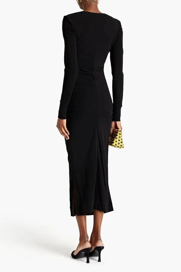 GANNI Ruched Crepe Midi Dress - Black