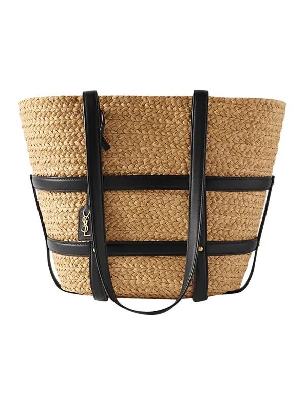 Saint Laurent Panier Studded Leather-trimmed Woven Raffia Tote