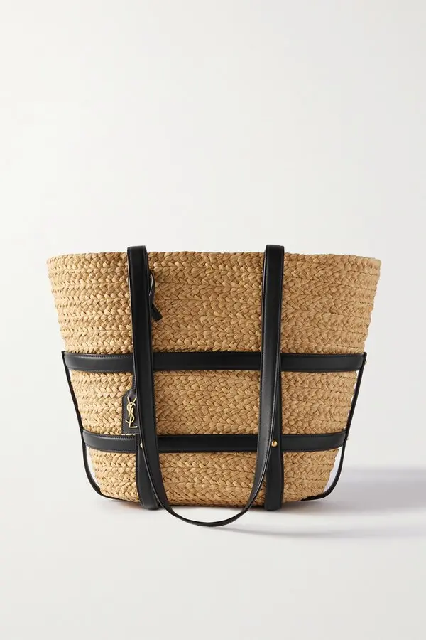 Saint Laurent Panier Studded Leather-trimmed Woven Raffia Tote