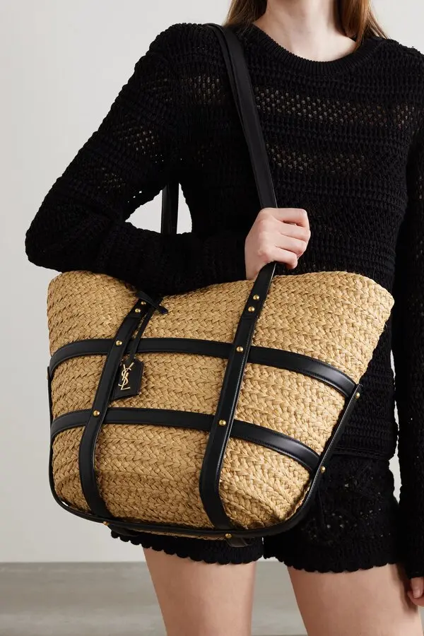 Saint Laurent Panier Studded Leather-trimmed Woven Raffia Tote