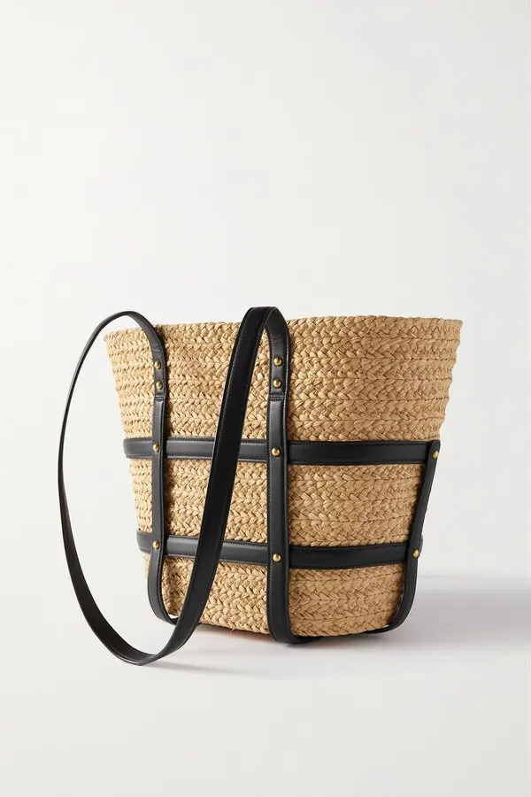 Saint Laurent Panier Studded Leather-trimmed Woven Raffia Tote