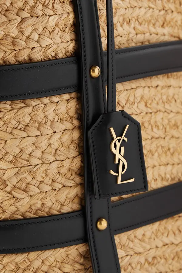 Saint Laurent Panier Studded Leather-trimmed Woven Raffia Tote