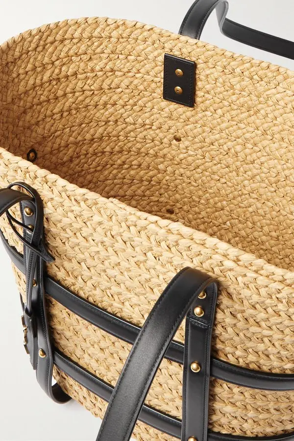 Saint Laurent Panier Studded Leather-trimmed Woven Raffia Tote