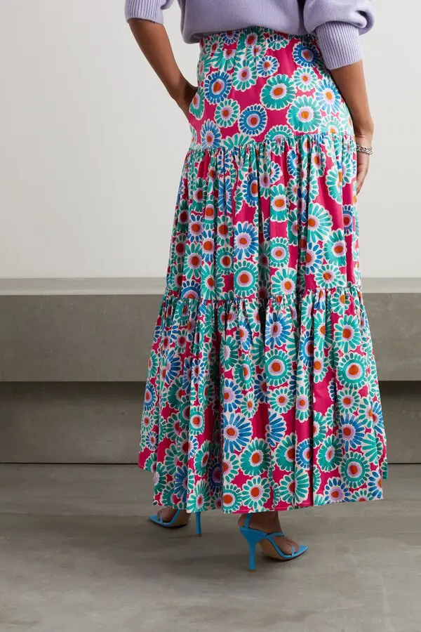 La DoubleJ Big Tiered Floral-print Cotton-poplin Maxi Skirt - Green