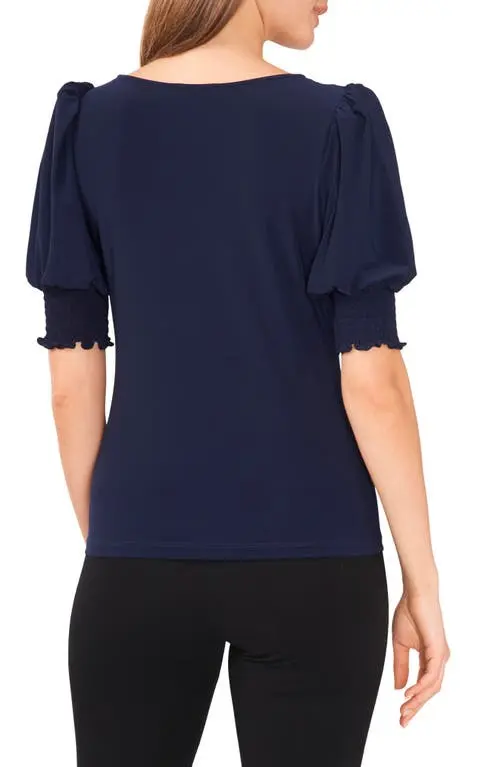 Chaus Square Neck Blouse With Smocked Sleeves Navy 410
