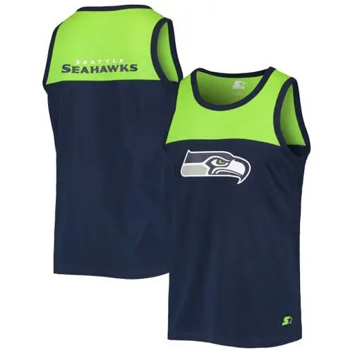 STARTER College /neon Green Seattle Seahawks Team Touchdown Fashion Tank Top - Navy