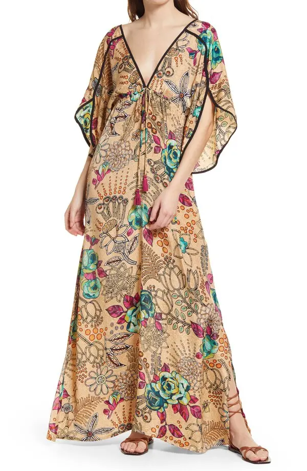 knee length dresses for ladies Raga Dresses Button Up V Neck Ruffle Trim Tassel Tie Printed Maxi Dress S / Ivory