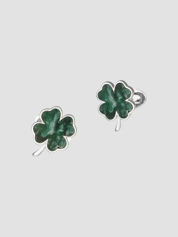 JAN LESLIE Four-leaf Clover Onyx & Rhodium-plated Cufflinks