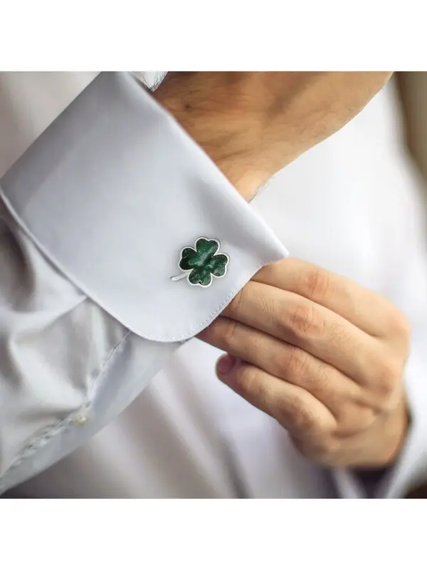 JAN LESLIE Four-leaf Clover Onyx & Rhodium-plated Cufflinks